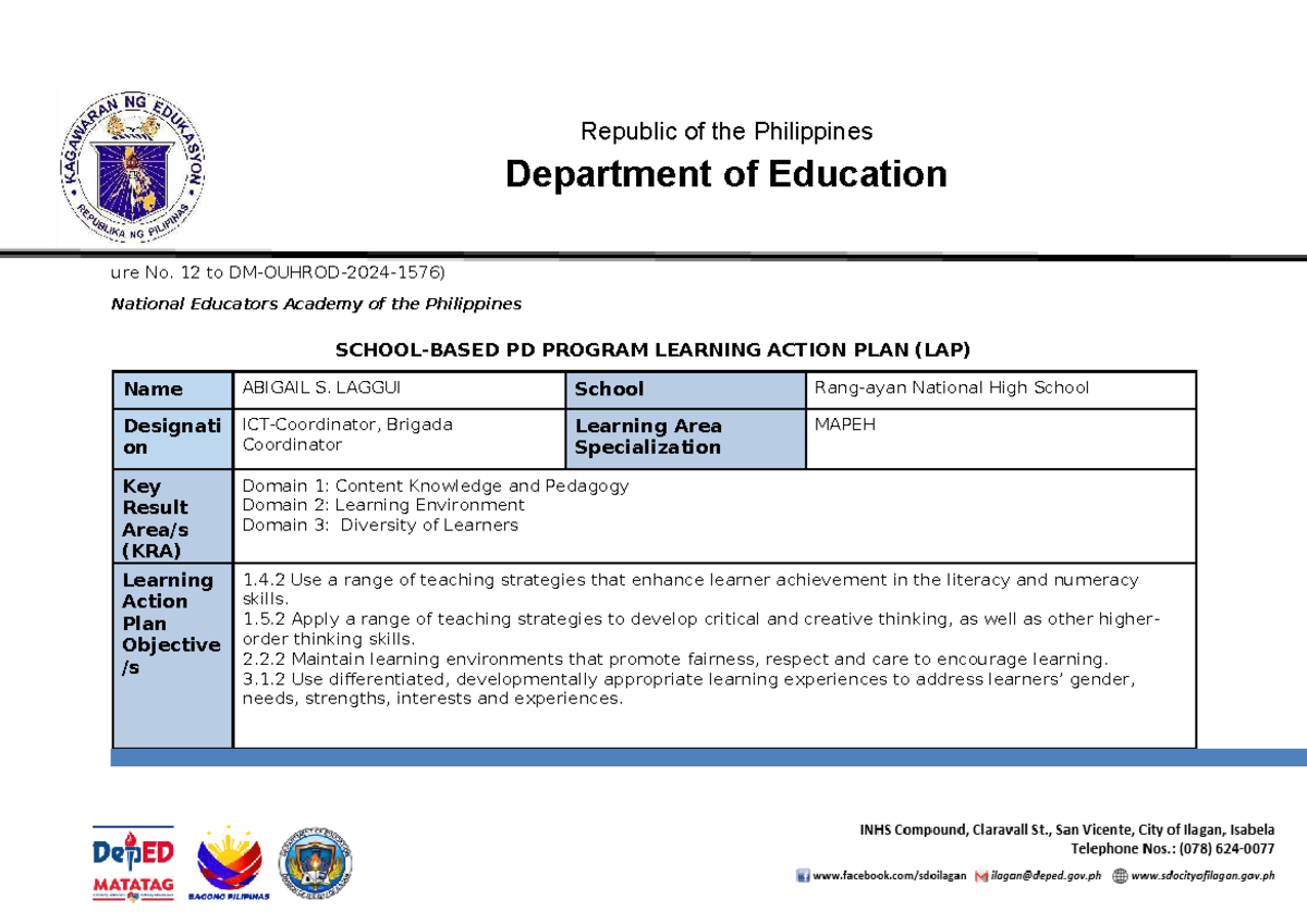 LAP - School-Based PD Program Learning Action Plan for MAPEH - Studocu