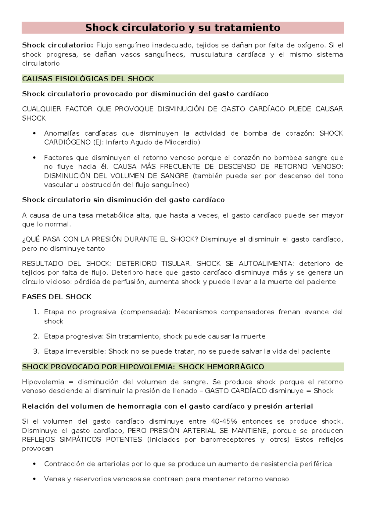 Shock Circulatorio: Causas, Fases y Tratamiento - Apunte - Studocu