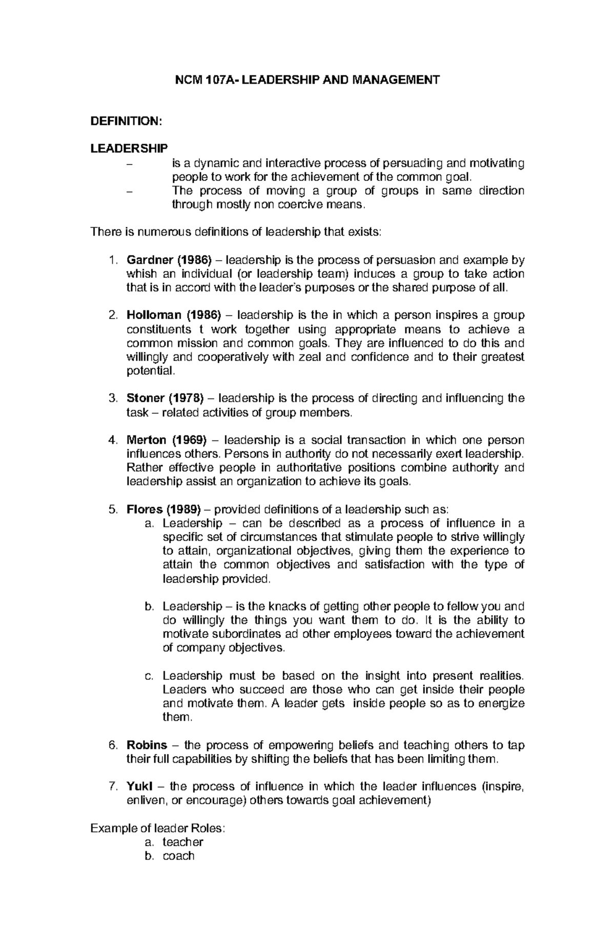 NCM 119 Leadership and Management: Key Definitions and Theories - Studocu