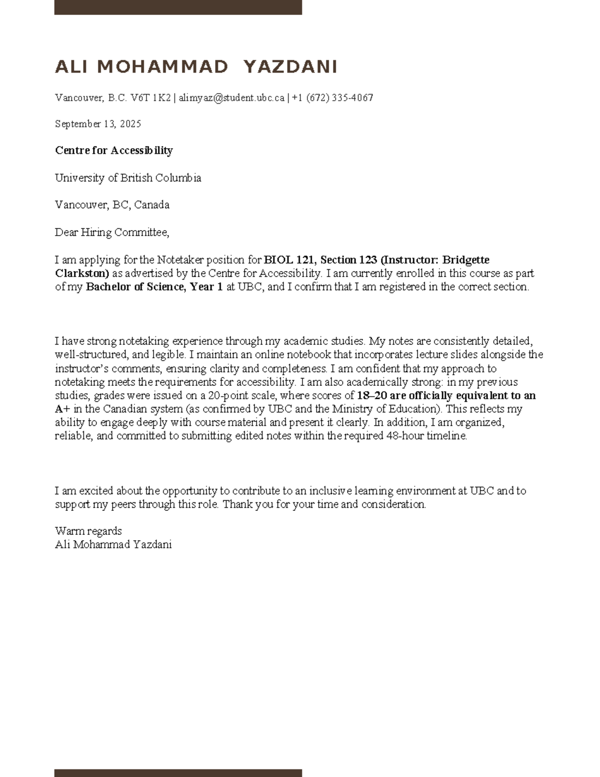 BIOL 121 Notetaker Application Cover Letter - UBC - Studocu
