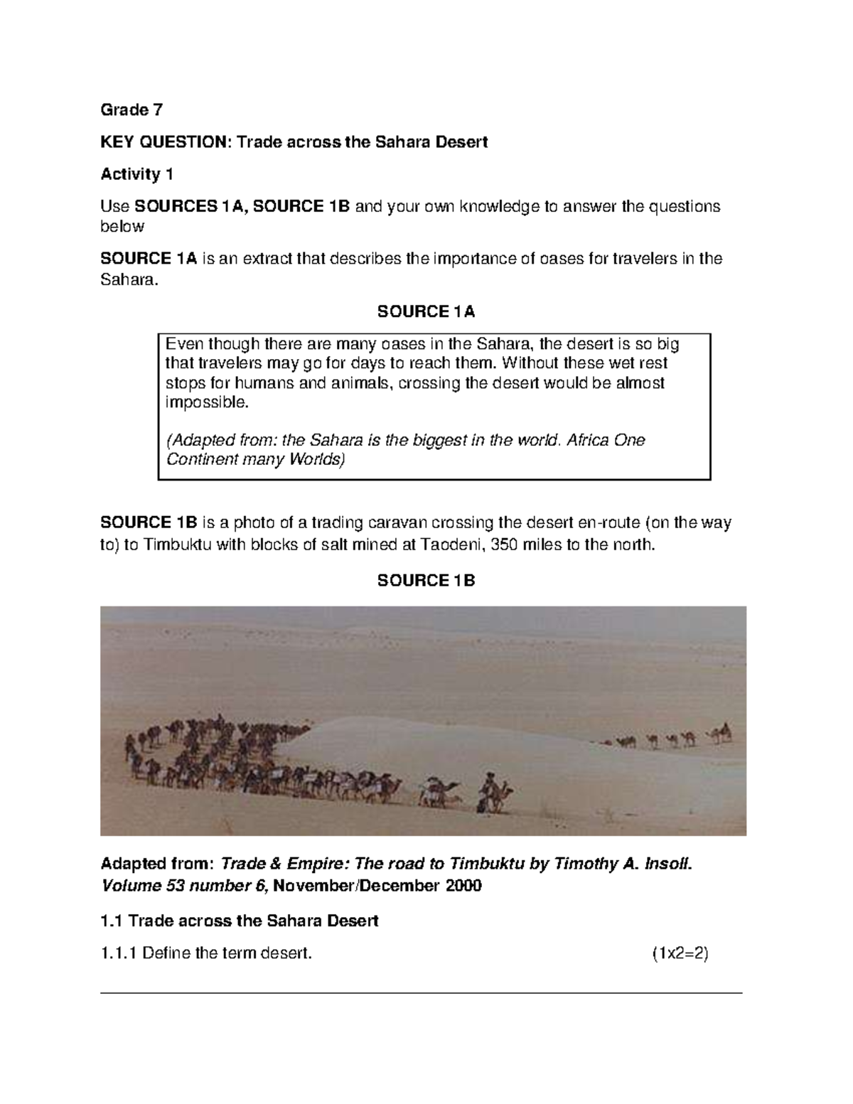 History Grade 7: TERM 1 Worksheets 2024 - Trade Across the Sahara - Studocu
