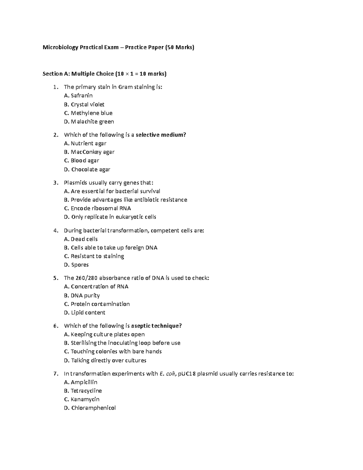 Mkbn 221 Microbiology Practical Exam Practice Paper (50 Marks) - Studocu