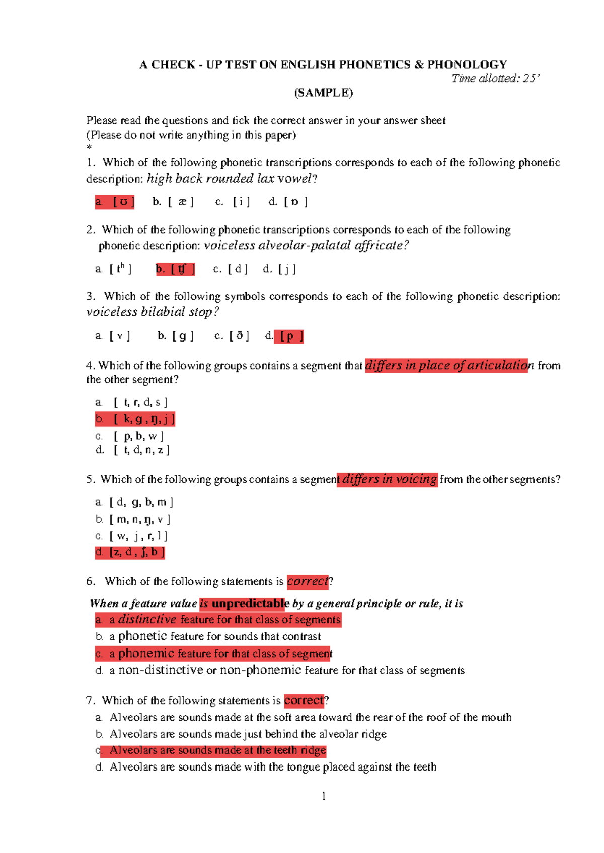 Sample End Test on Phonetics 1: English Phonetics and Phonology Quiz ...