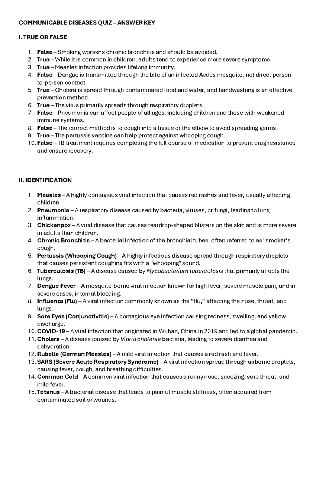 Communicable Diseases QUIZ - Answer Key Overview - Studocu