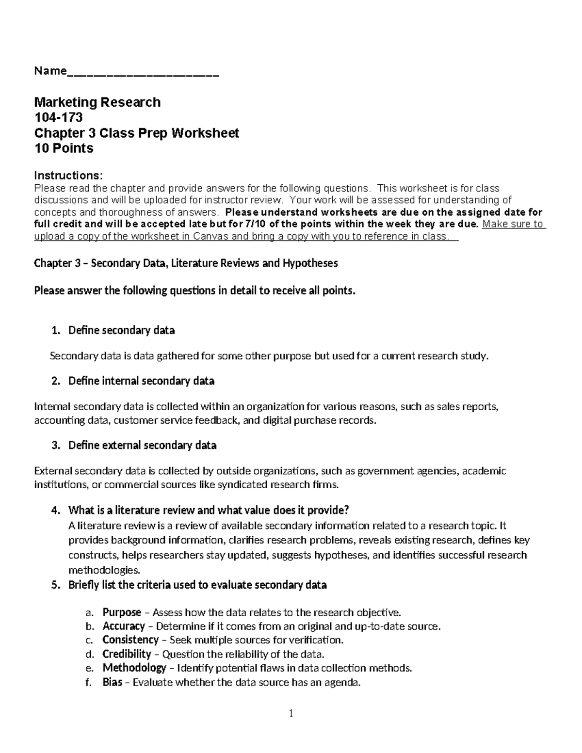 Marketing Research Chapter 3 Worksheet-1 - Name ...