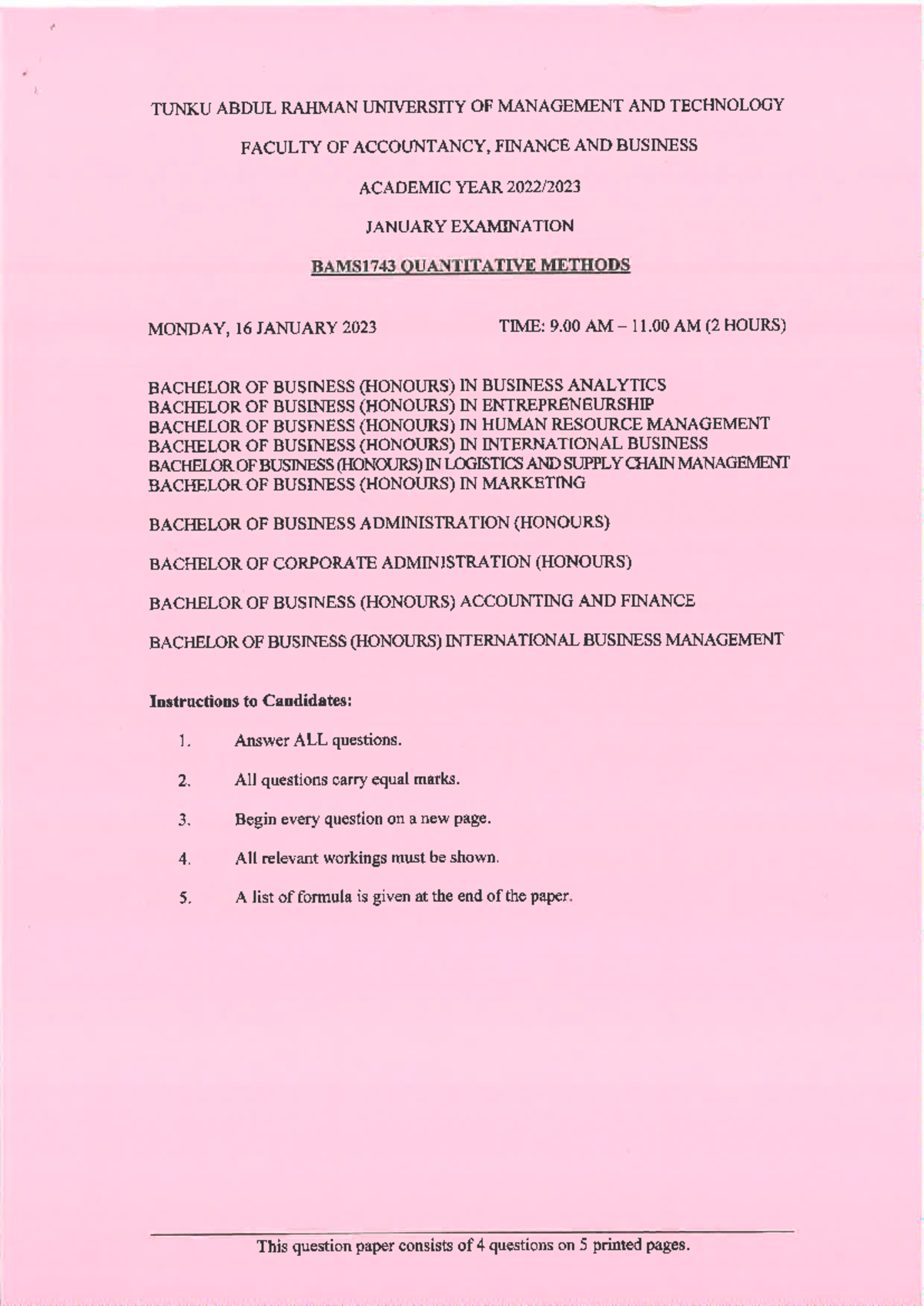 BAMS1743 Final Exam Paper: Quantitative Methods January 2023 - Studocu