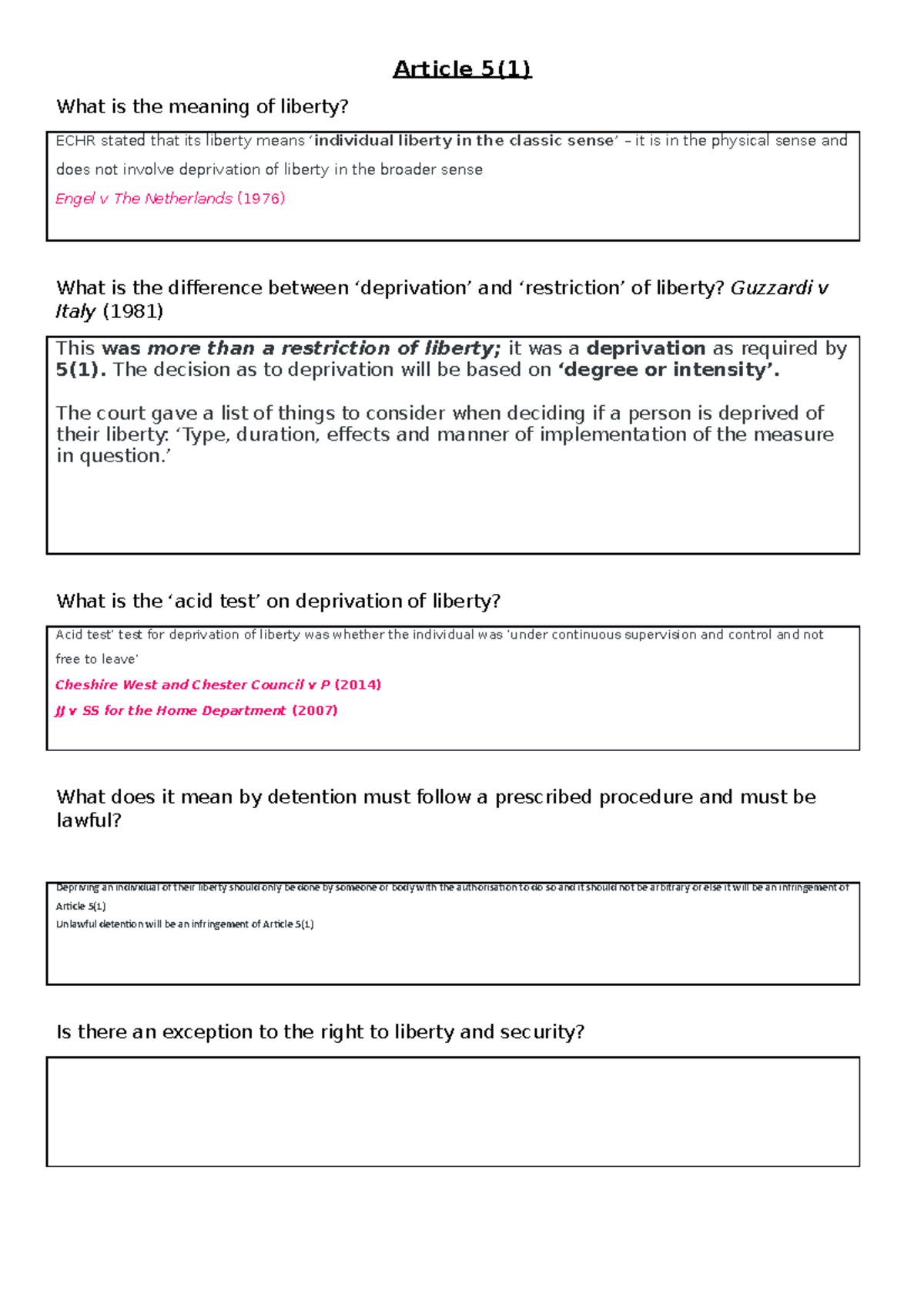 Article 5 revsion sheet - Article 5(1) What is the meaning of liberty ...