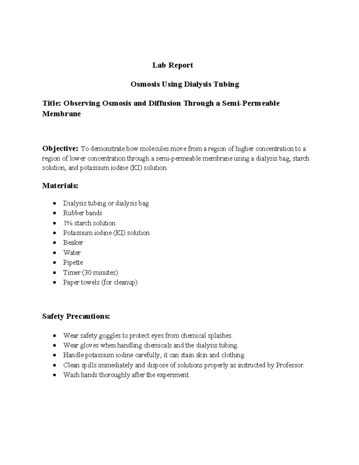 Lab Report: Osmosis & Diffusion Using Dialysis Tubing - Studocu