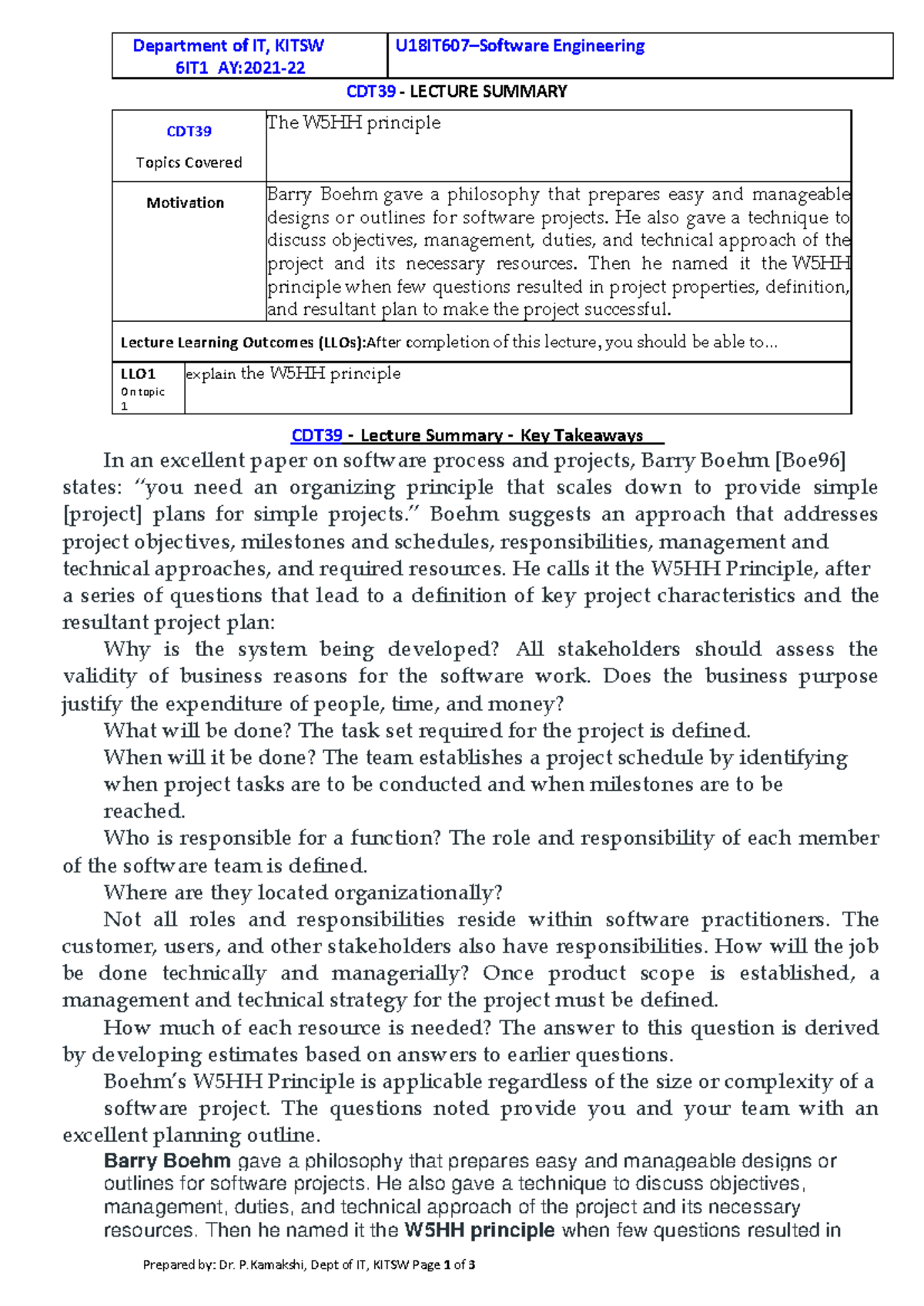 W5HH Principle in Software Engineering (U18IT607 - CDT39 Lecture) - Studocu