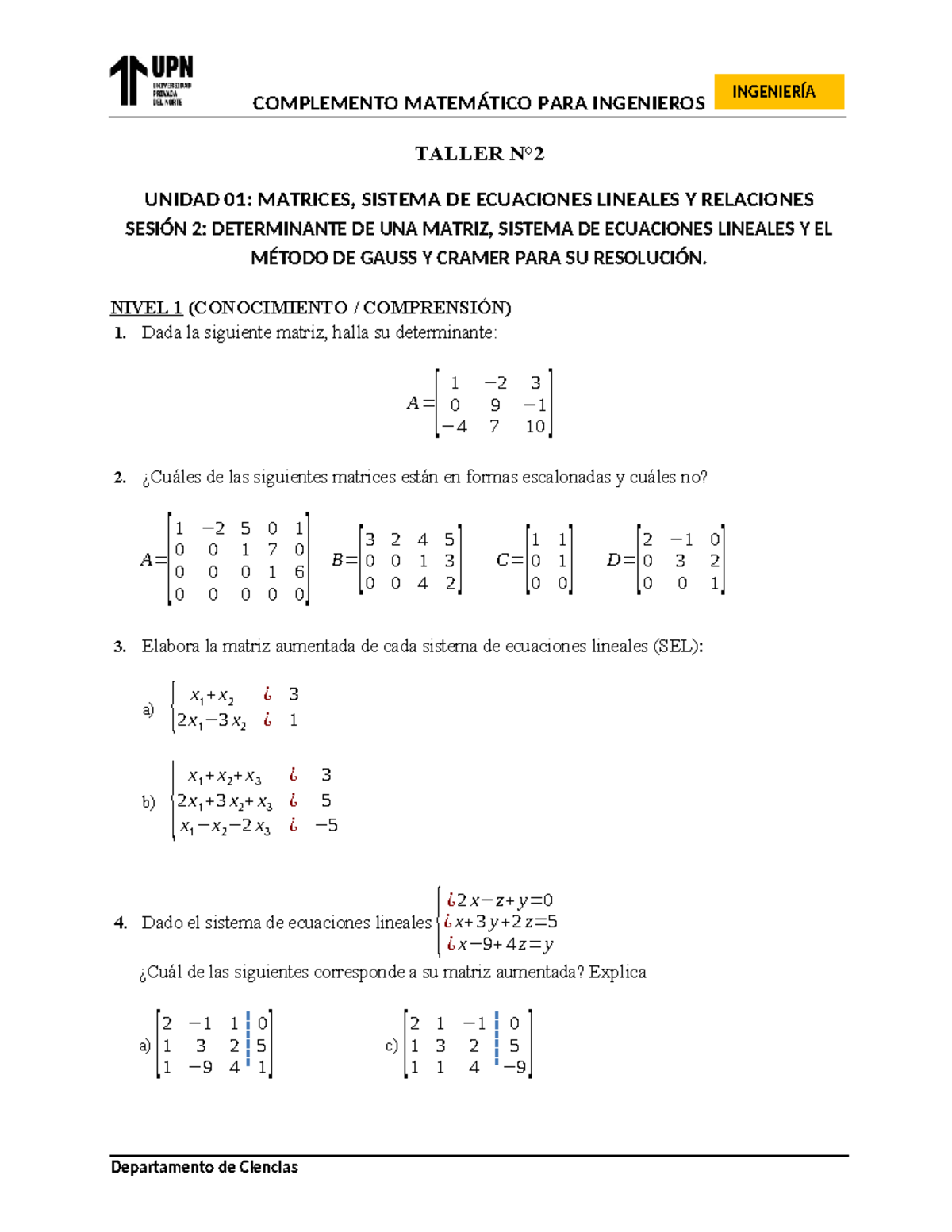 INGENIERÍA CMAT 01: Taller sobre Matrices y Sistemas de Ecuaciones - Studocu