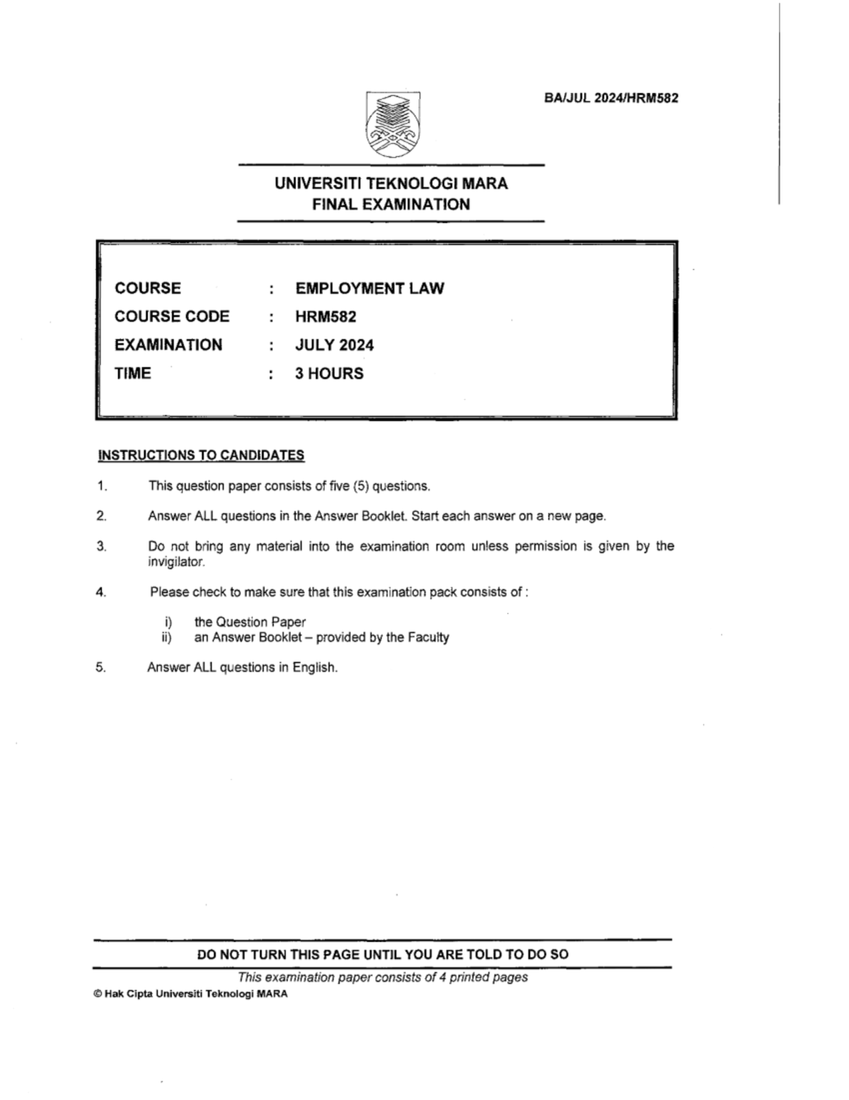 HRM582 Final Exam: Employment Law Past Year Paper July 2024 - Studocu