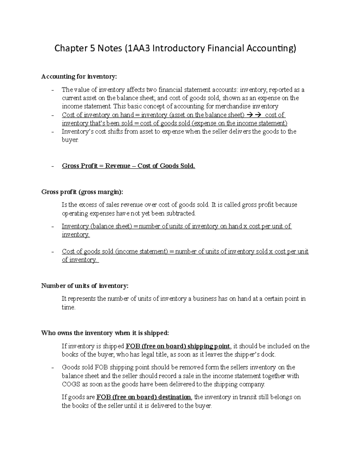 Chapter 5 Inventory Accounting Notes (1AA3 Introductory Financial Acc ...