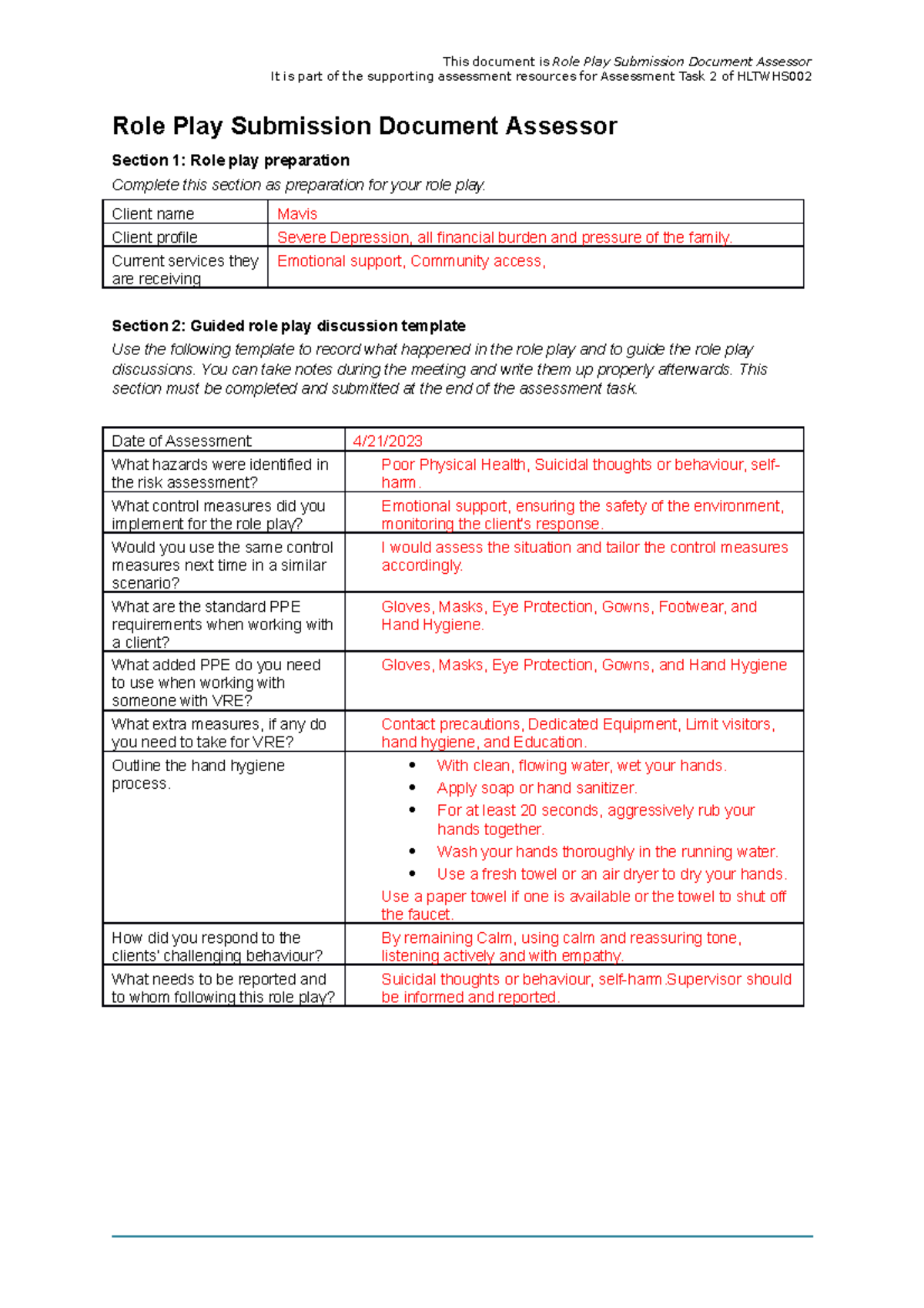 HLTWHS Assessment Task 2: Role Play Submission on Mavis' Care - Studocu