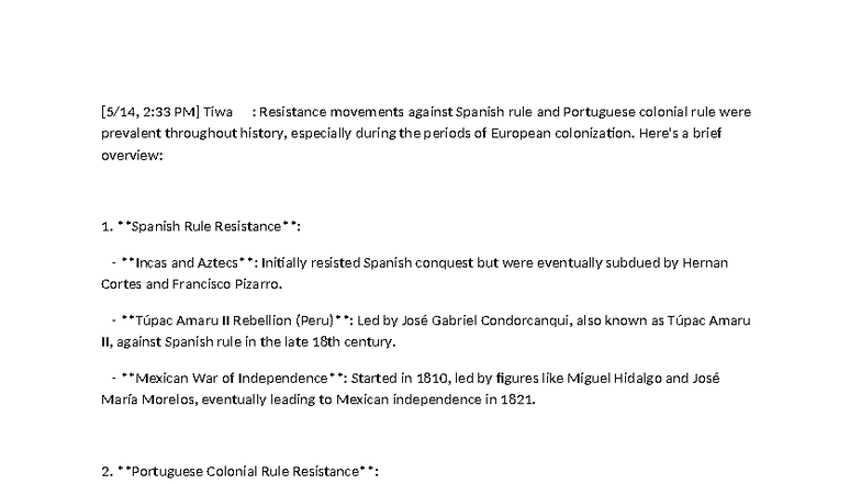 Resistance Movements Against Colonial Rule: A Study (Course Code: Tiwa ...