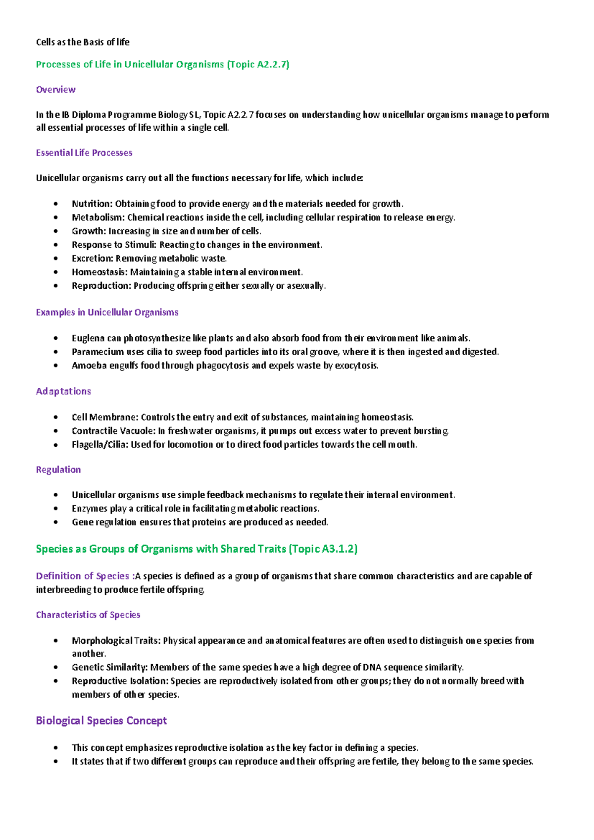 Cells as the Basis of Life: IB Biology SL Notes (A2.2.7) - Studocu
