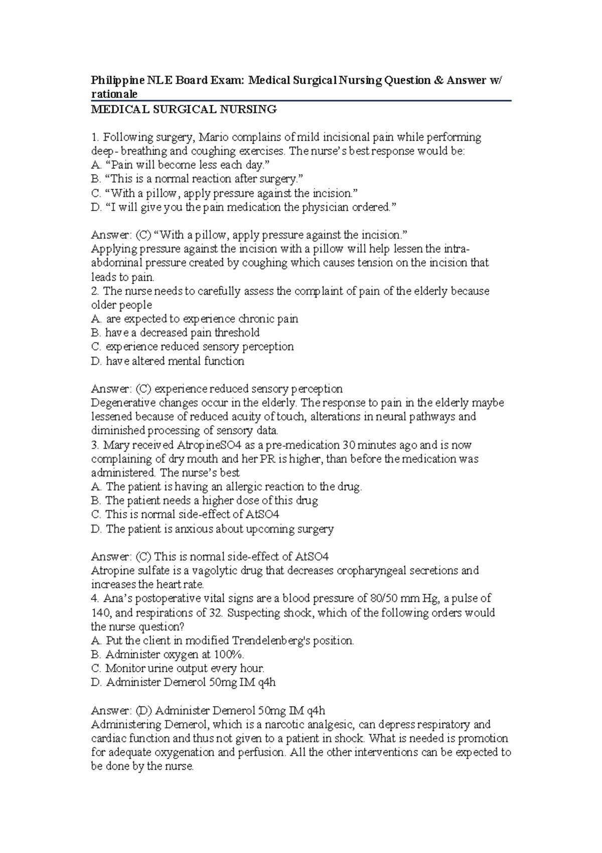 Medical-Surgical Nursing Practice Questions for PNLE Board Exam - Studocu