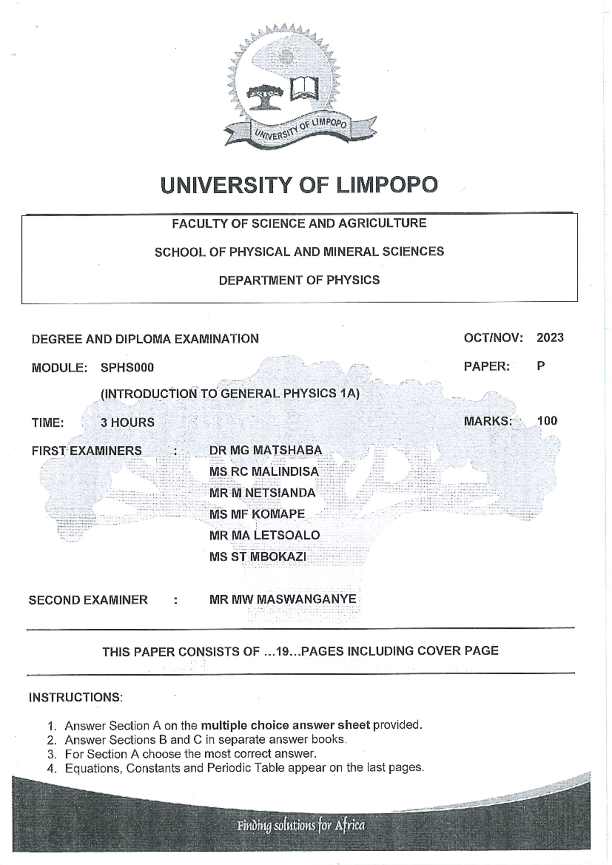 SPHS000 - Final Exam 2023: General Physics 1A Examination Paper - Studocu