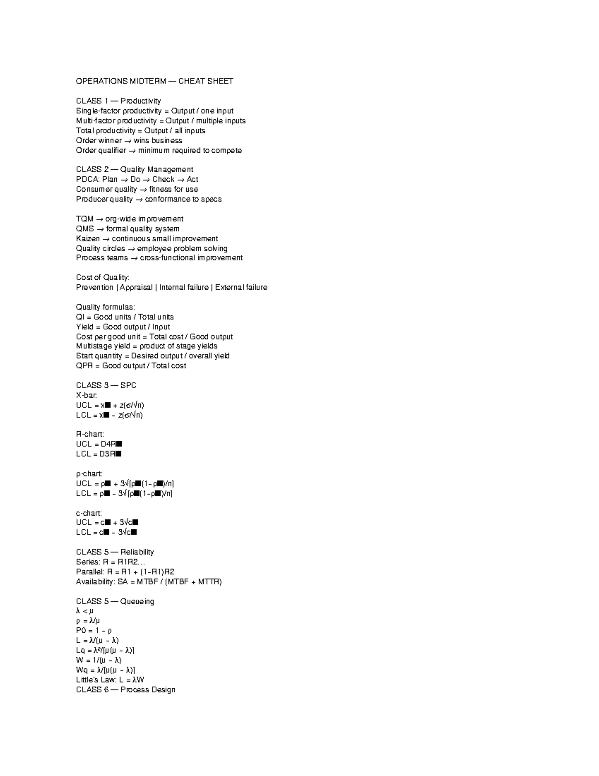 OPERATIONS MIDTERM CHEAT SHEET: KEY CONCEPTS & FORMULAS - Studocu