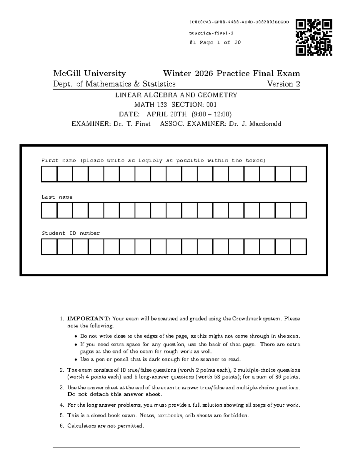 Winter 2026 MATH 133-001 Linear Algebra & Geometry Practice Final Exam ...