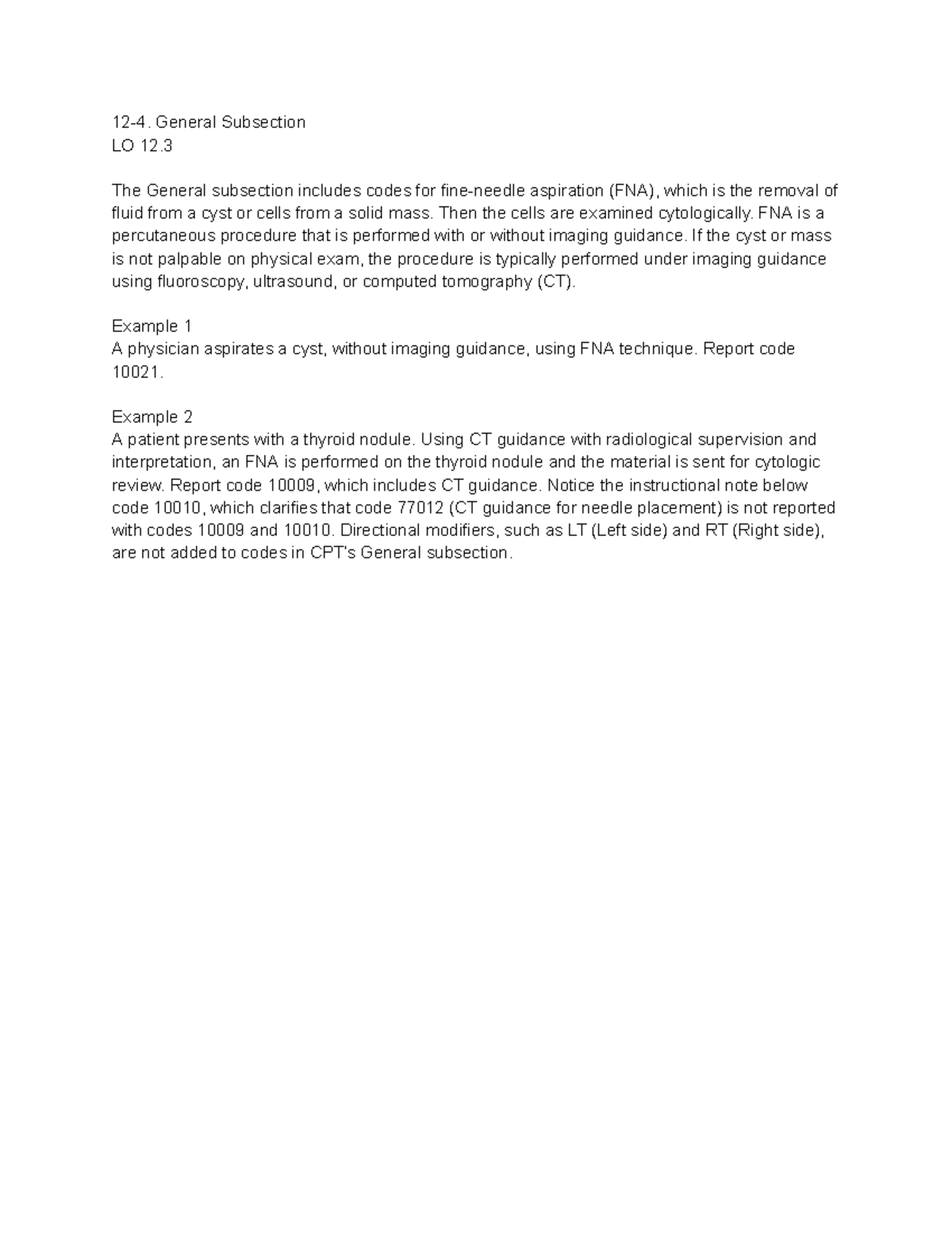 CPT Coding: FNA Procedures Guide for General Subsection LO 12.3 - Studocu