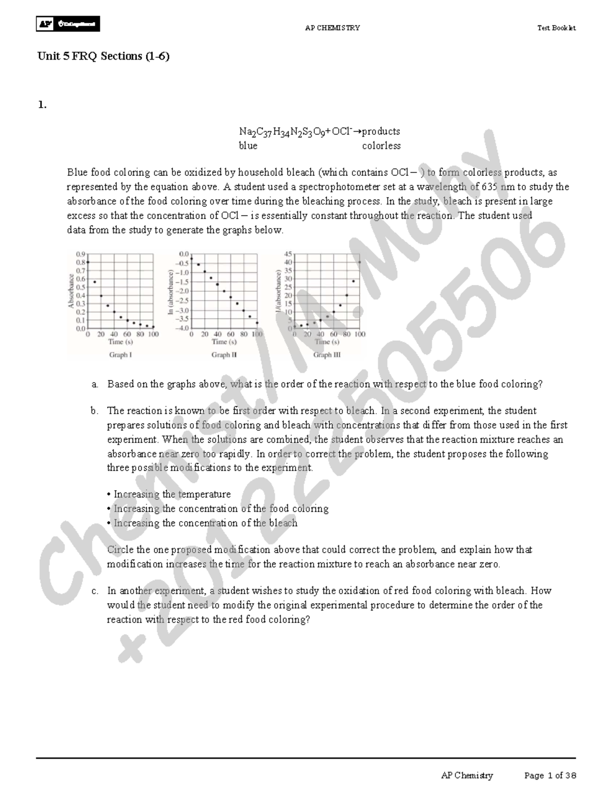 AP CHEMISTRY Unit 5 FRQ Test Booklet Sections 1-6 - Studocu