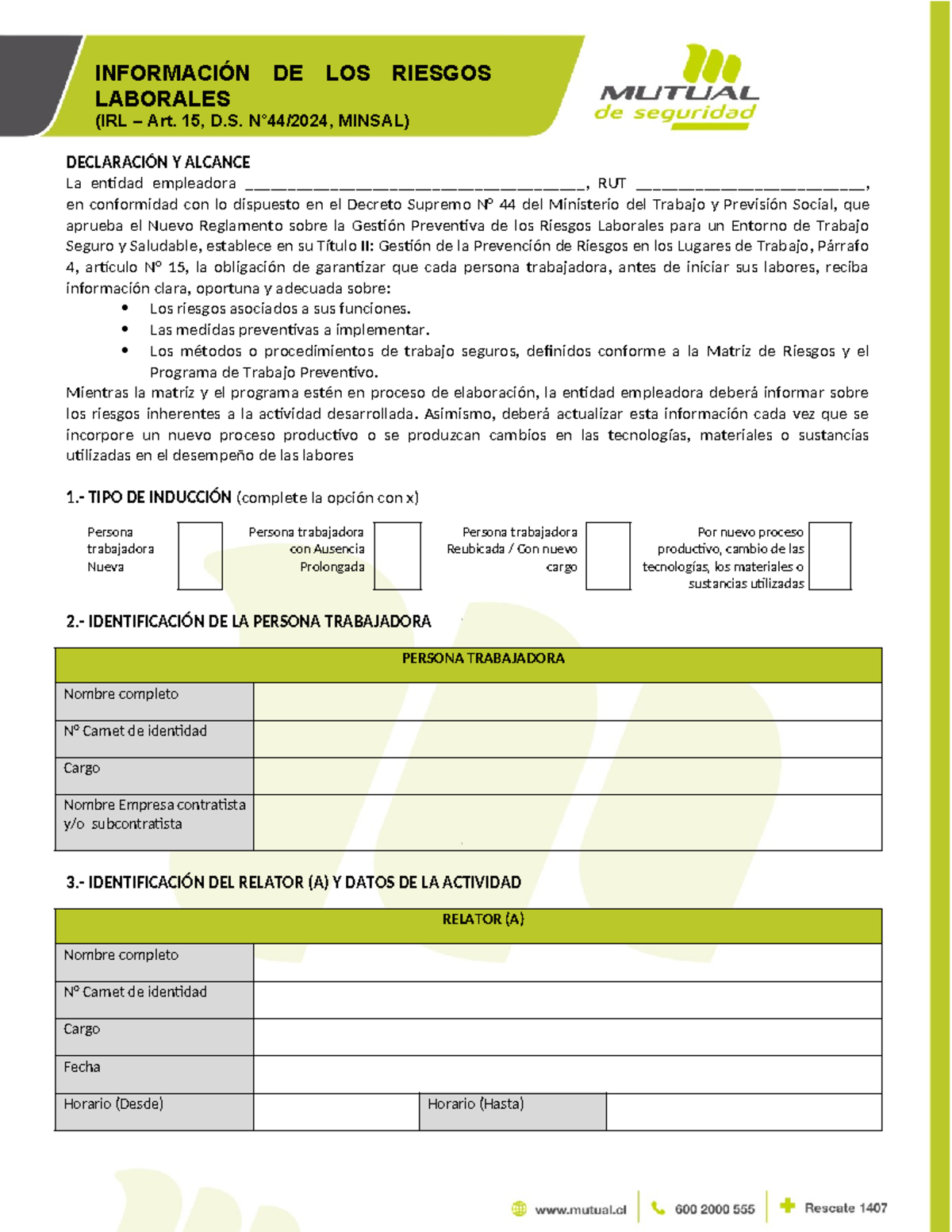 Formulario IRL - Mutual de Seguridad v3: Inducción y Gestión de Riesgos ...