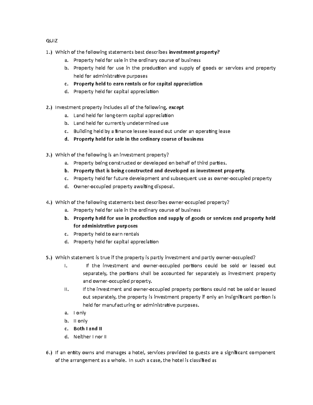 Investment Property Quiz (Course Code: FIN 202) - Studocu
