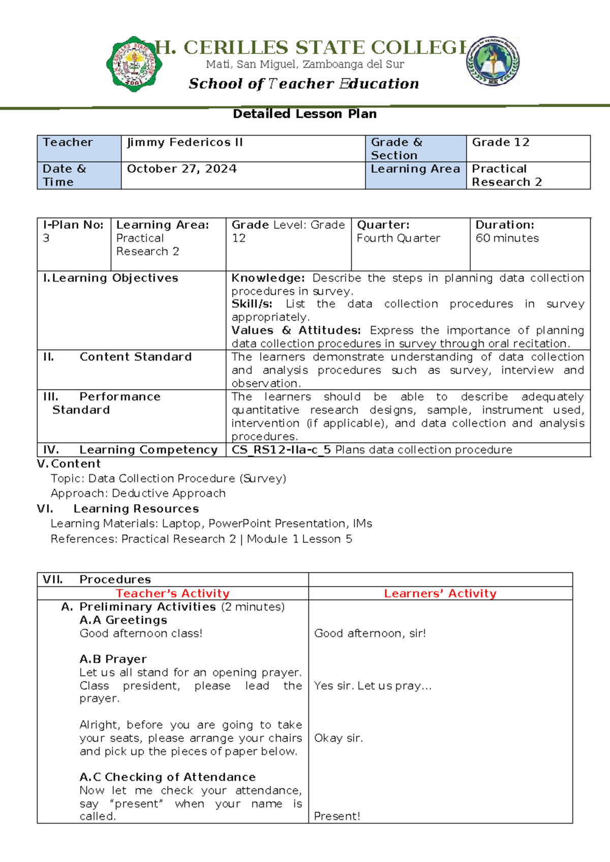 Detailed Lesson Plan on Data Collection Procedures (PR 2) - Studocu