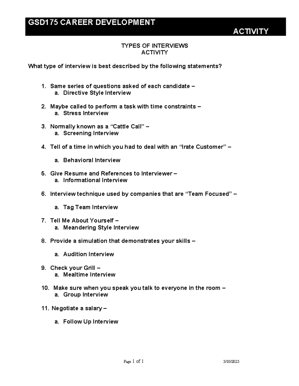 Types of Interviews Activity - GSD175 CAREER DEVELOPMENT ACTIVITY TYPES ...