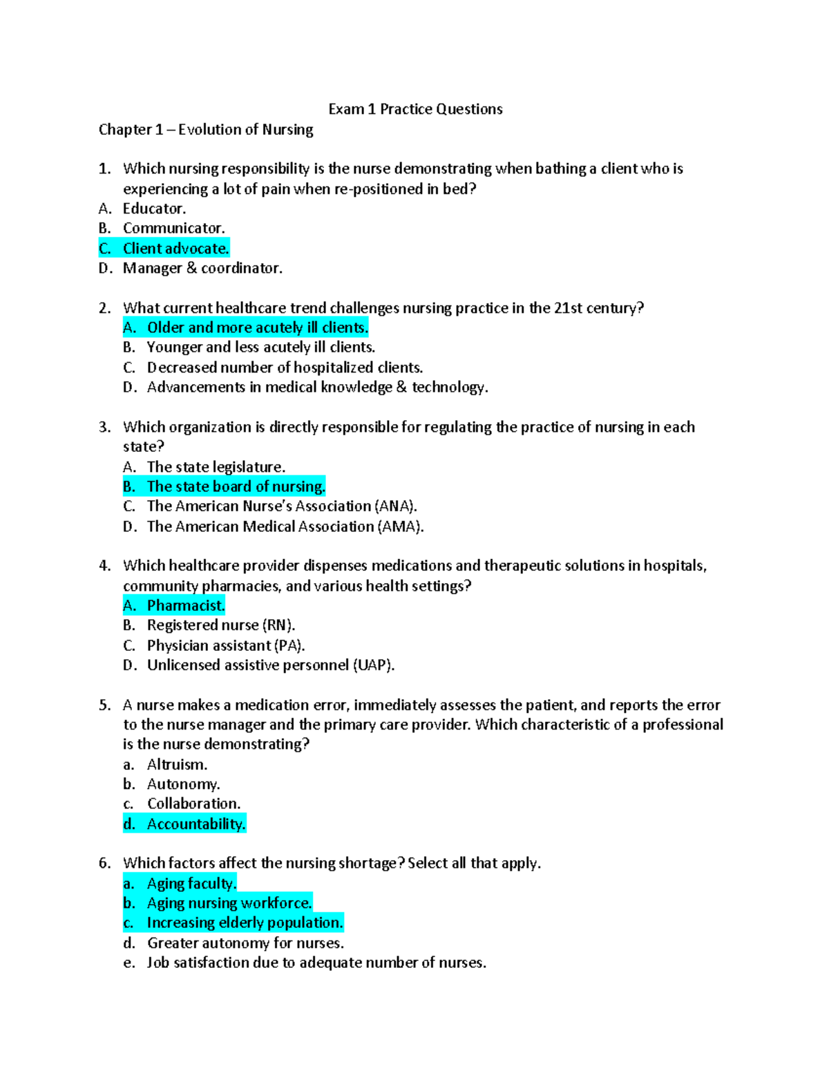 Practice Exam 1 - 101 120 Nursing Concepts & Exam Notes - Studocu
