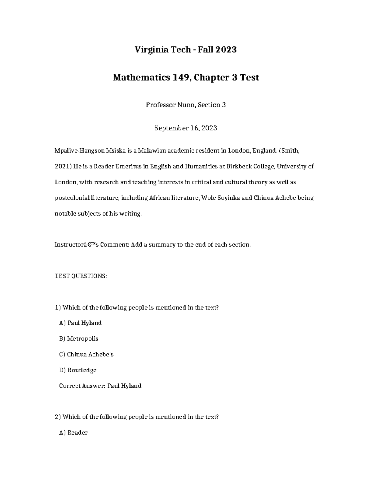Mathematics 149 Chapter 3 TEST - Virginia Tech - Fall 2023 Mathematics ...