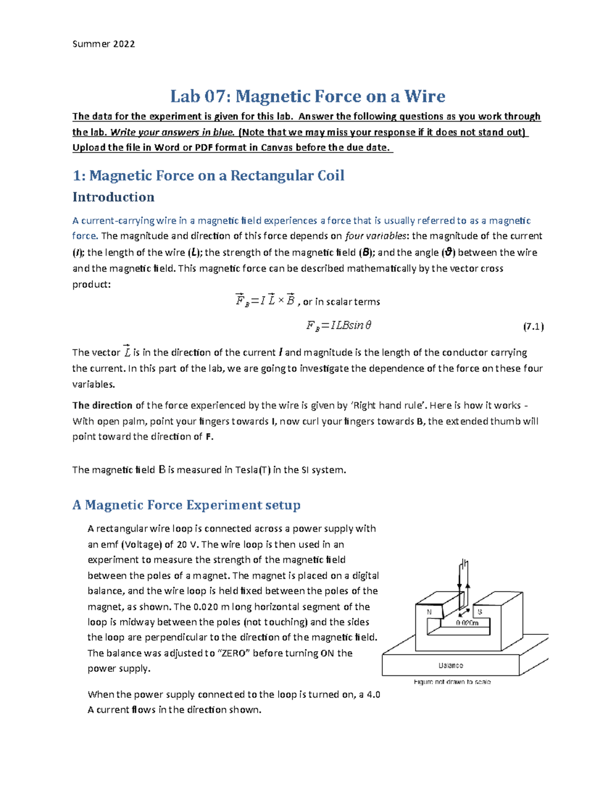 Lab 07: Exploring Magnetic Force on a Wire and Variables Affecting It ...