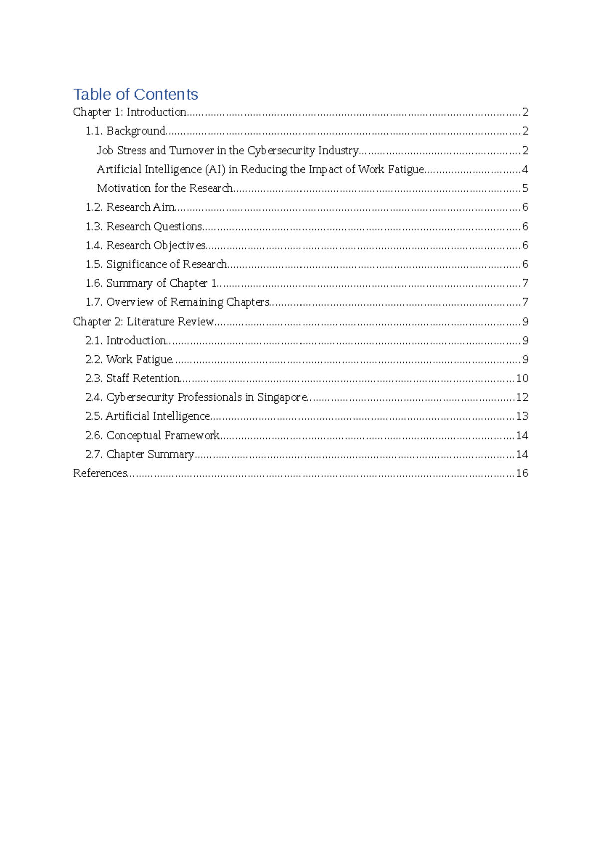 Work fatigue research - Table of Contents Chapter 1: - Studocu