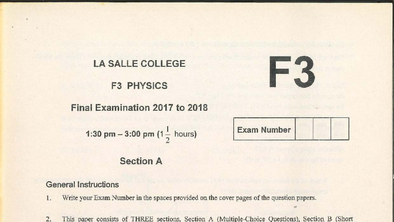 La Salle College F3 Physics Final Exam 2017-2018 - Studocu