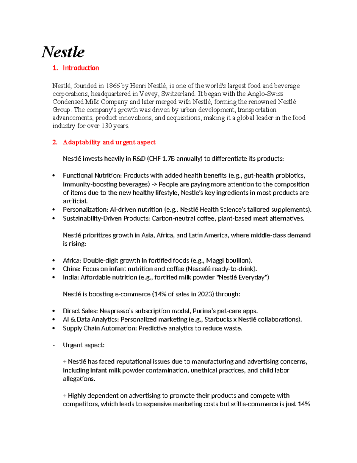 Groupwork 2 - Group 3: Nestlé Case Study Analysis - Studocu