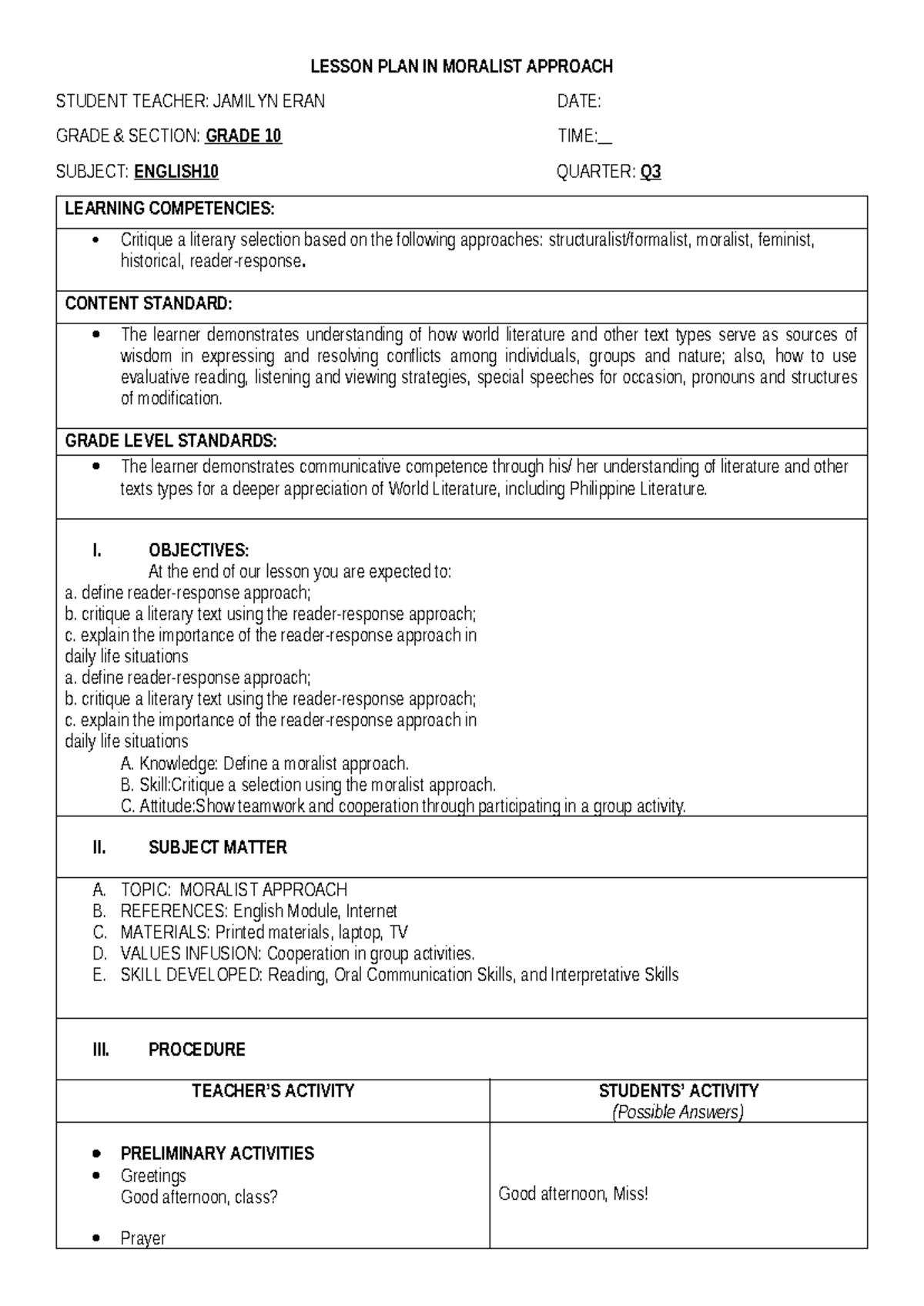 Grade 10 English Lesson Plan: Moralist Approach Overview - Studocu