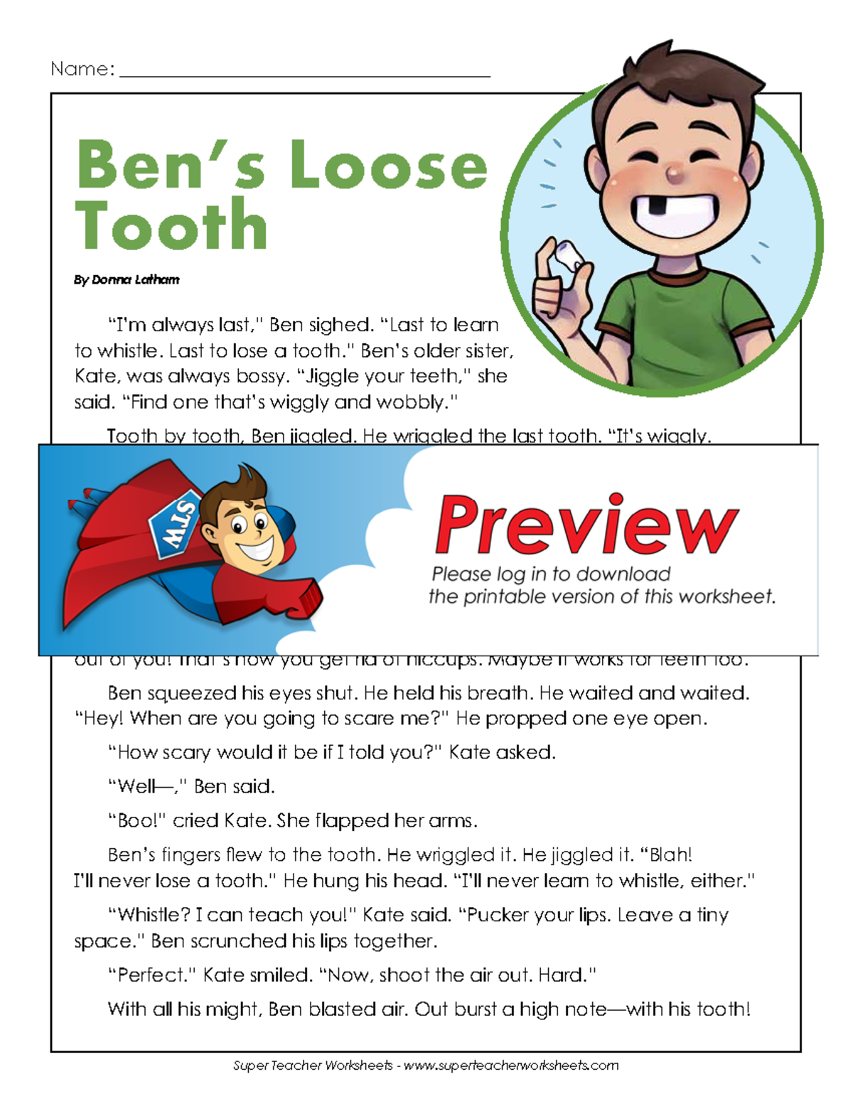 English 3: Ben's Loose Tooth - Story & Comprehension Questions - Studocu