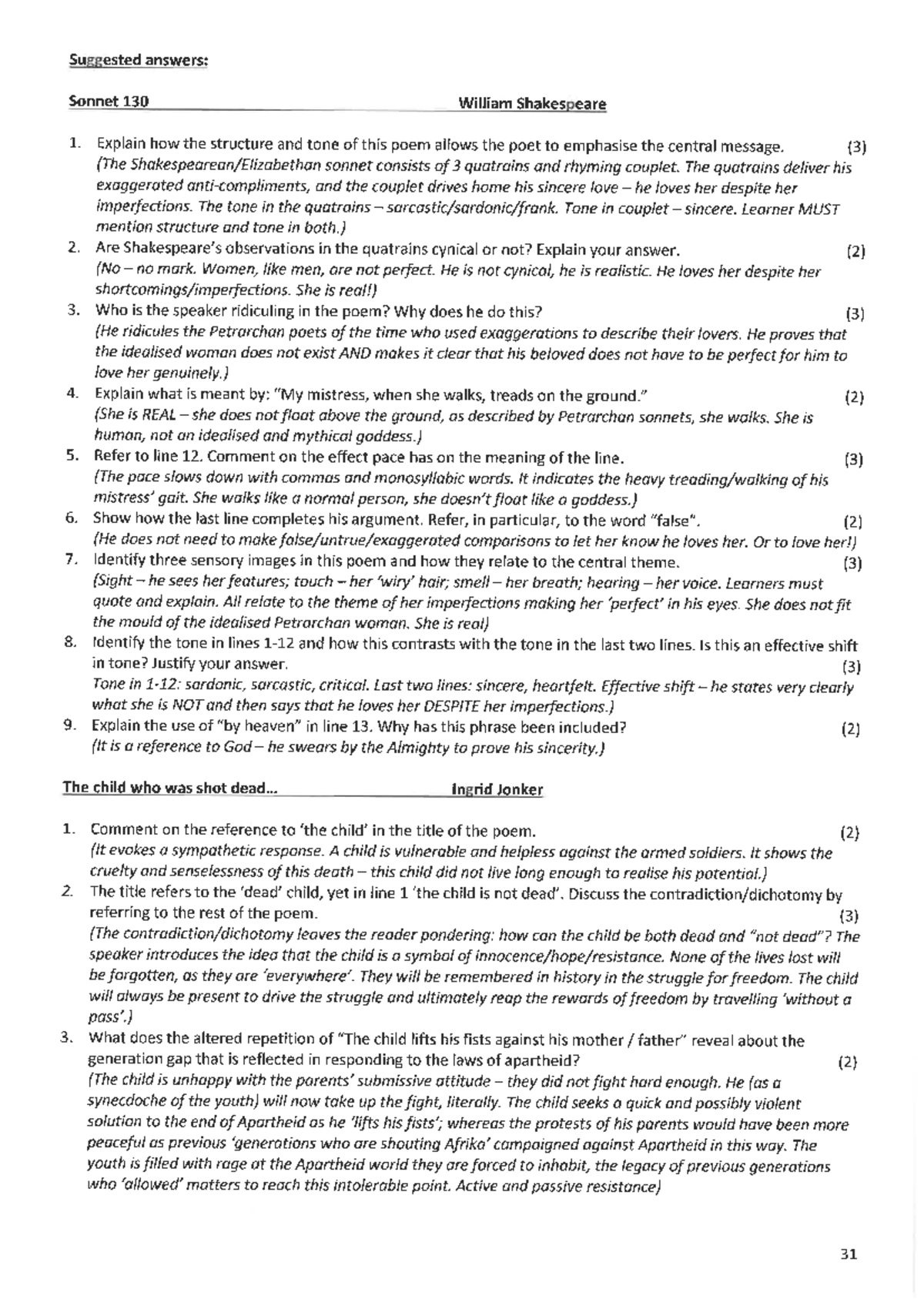 Poetry Analysis Memo: Insights on Sonnet 130, The Child Who Was Shot ...