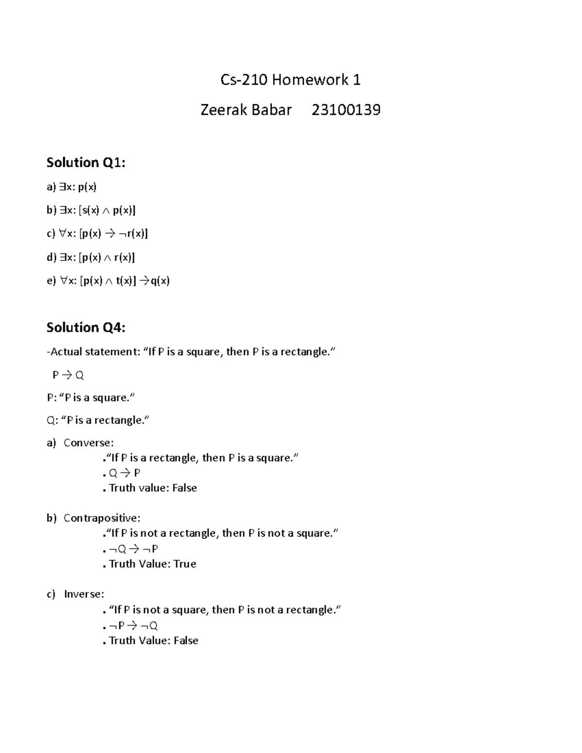 CS-210 Homework 1 Solutions: Logic and Proof Techniques - Studocu