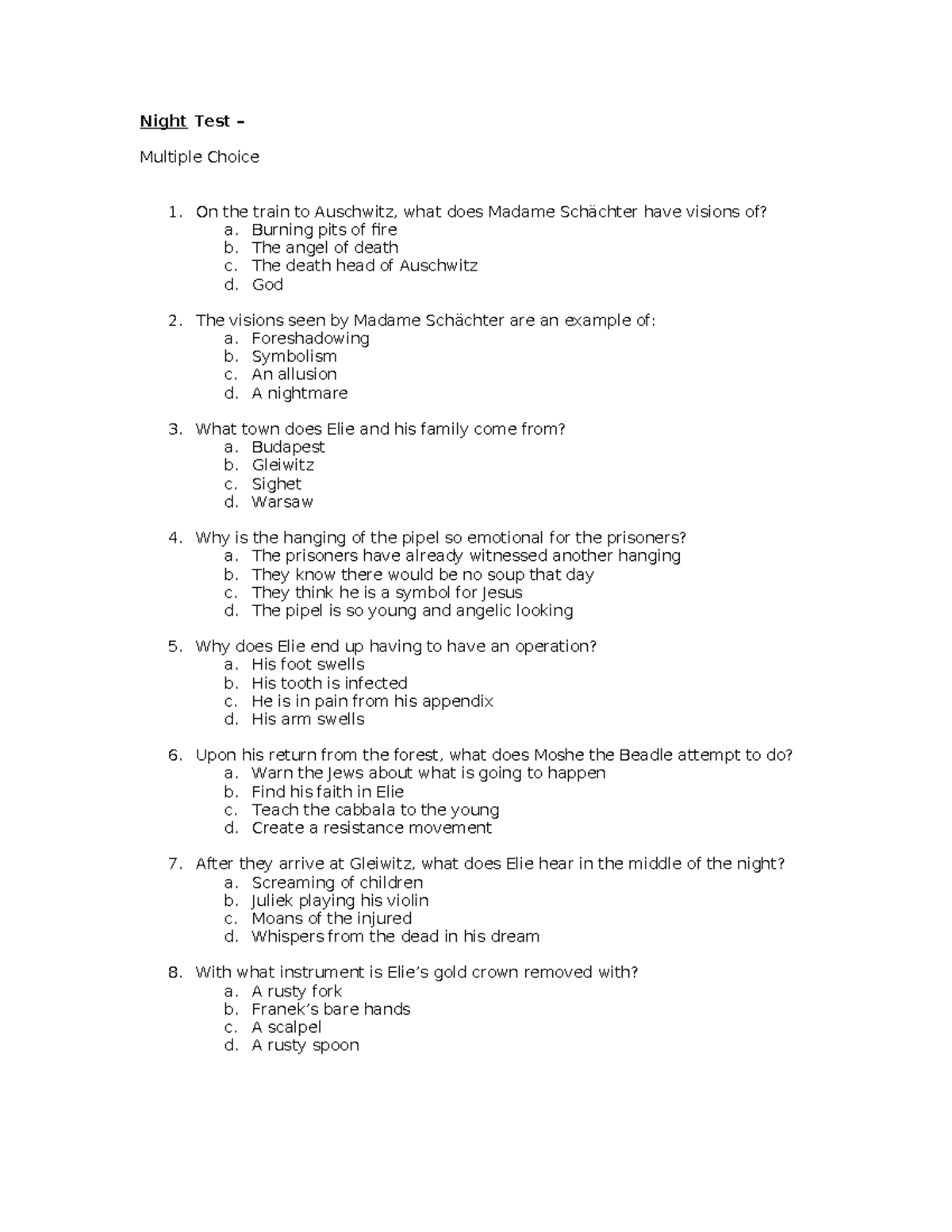 Night Test MCQ - Assessment on Elie Wiesel's Experiences - Studocu