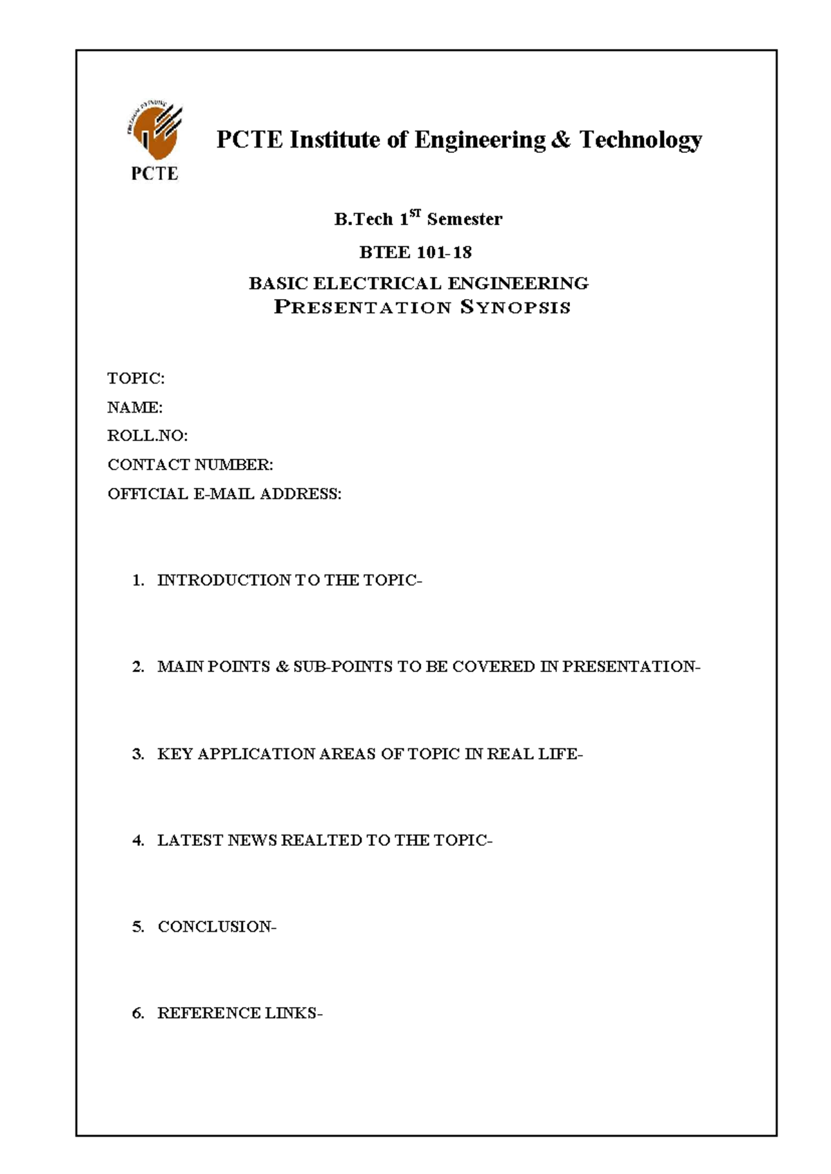 BEE PPT Synopsis Format 1 - BTECH Computer Science Engineering - PCTE Institute of Engineering ...