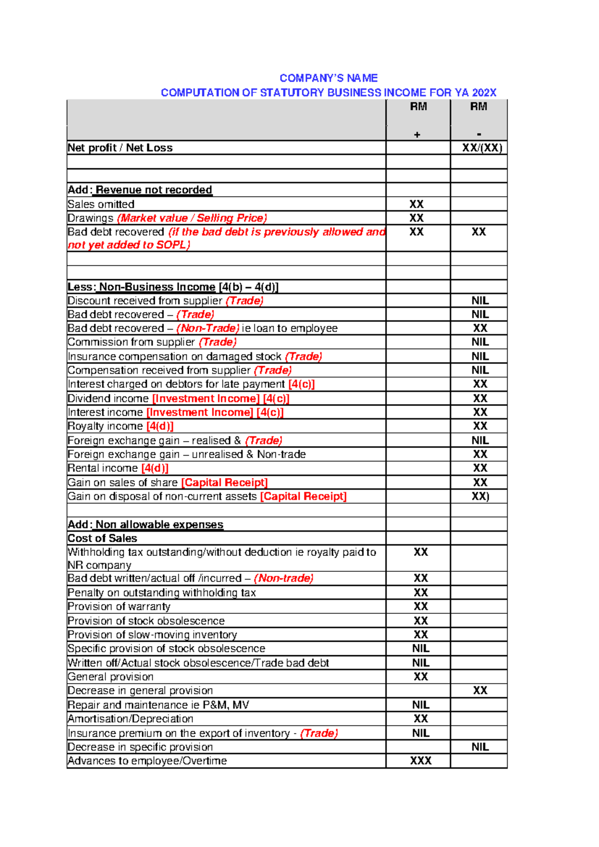 Computation of Statutory Business Income for YA 202X - Tax Format - Studocu