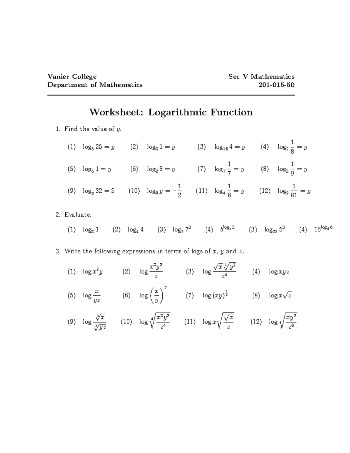 Exercises Logarithmic Function - Vanier College Sec V Mathematics ...