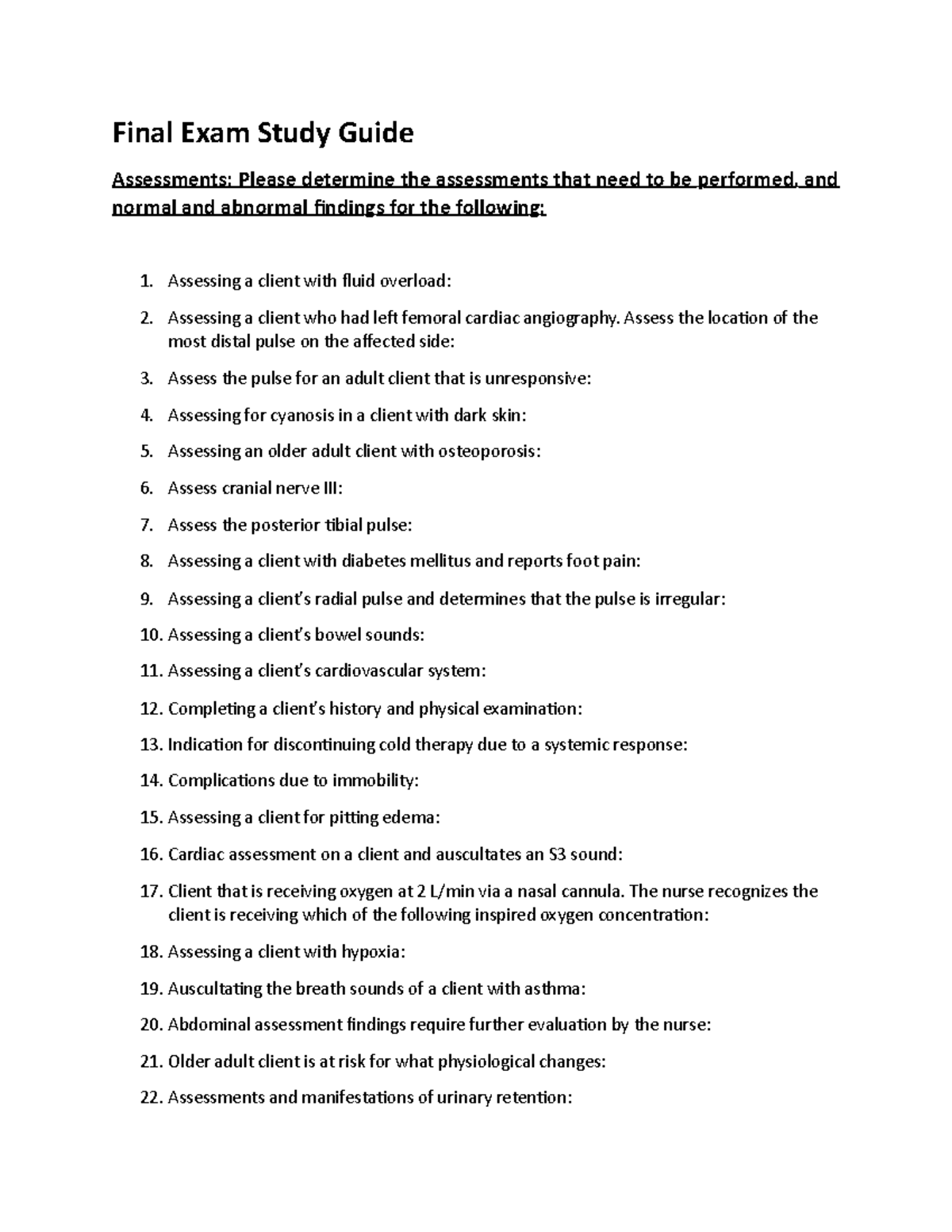 Final Exam Study Guide Health Assessment I NR302 - Final Exam Study ...