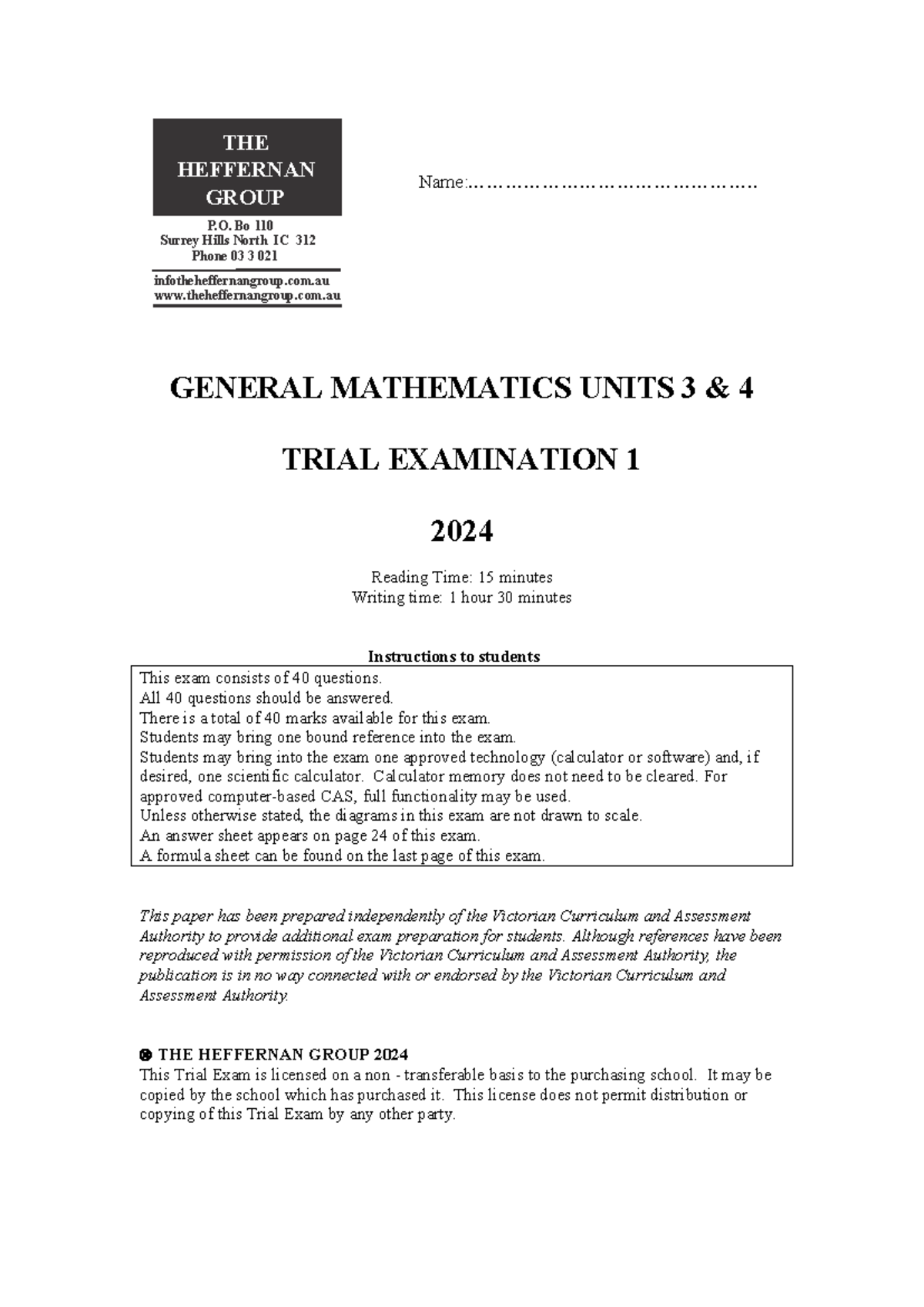 Heffernan General Maths Units 3 & 4 Trial Exam 1 - 2024 - Studocu