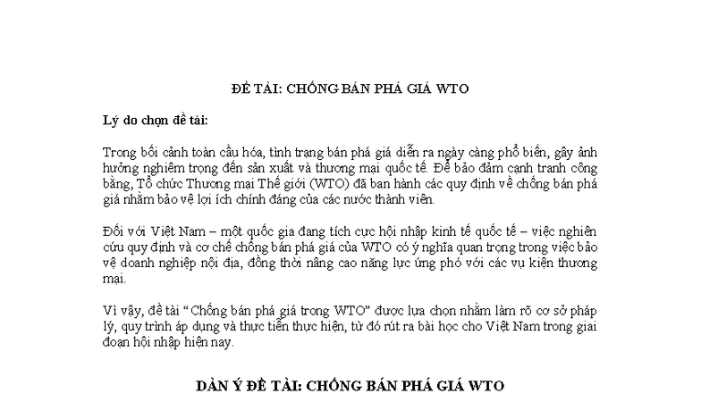 Đề Tài: Nghiên Cứu Chống Bán Phá Giá WTO và Ứng Dụng Tại Việt Nam - Studocu