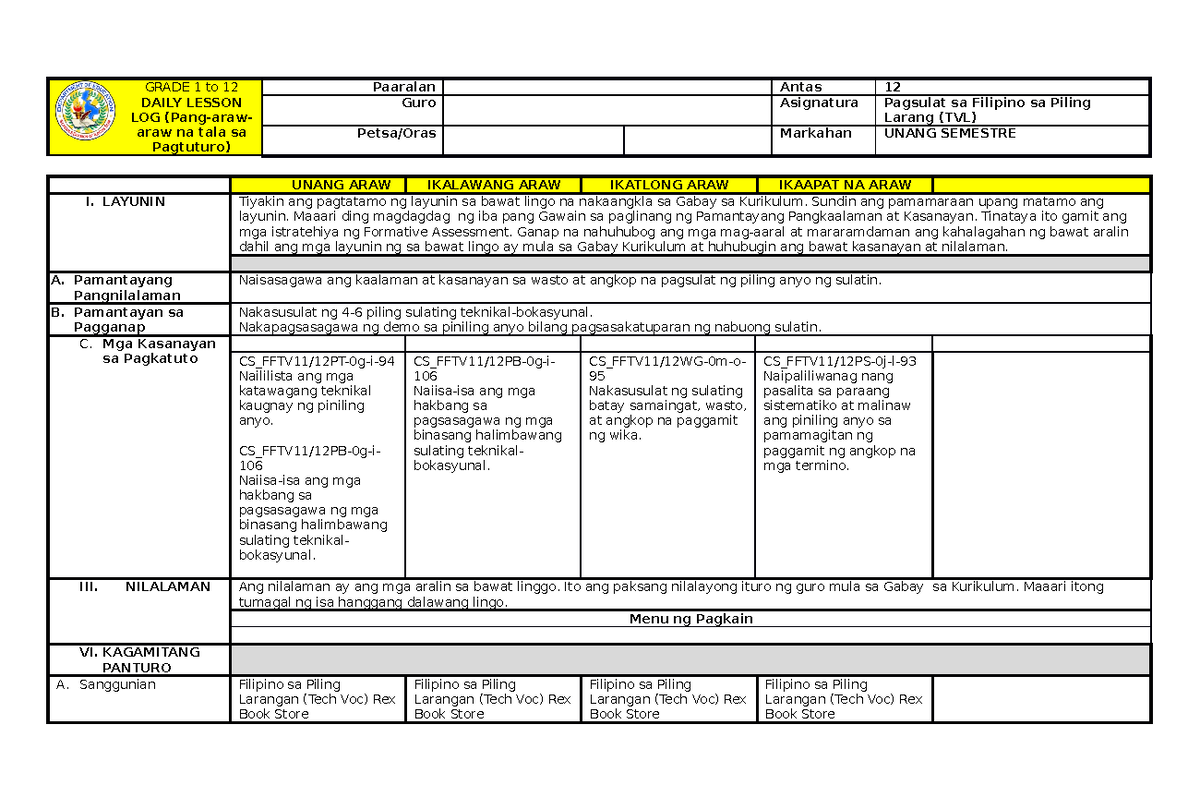 CS_FFTV11/12PT-0g-i- Menu ng Pagkain: Daily Lesson Log for Grade 12 ...