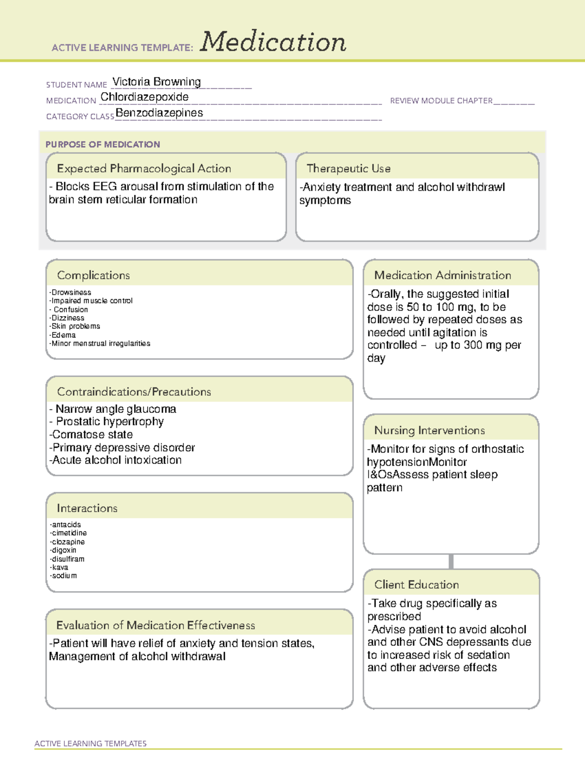 Chlordiazepoxide med card - ACTIVE LEARNING TEMPLATES Medication ...