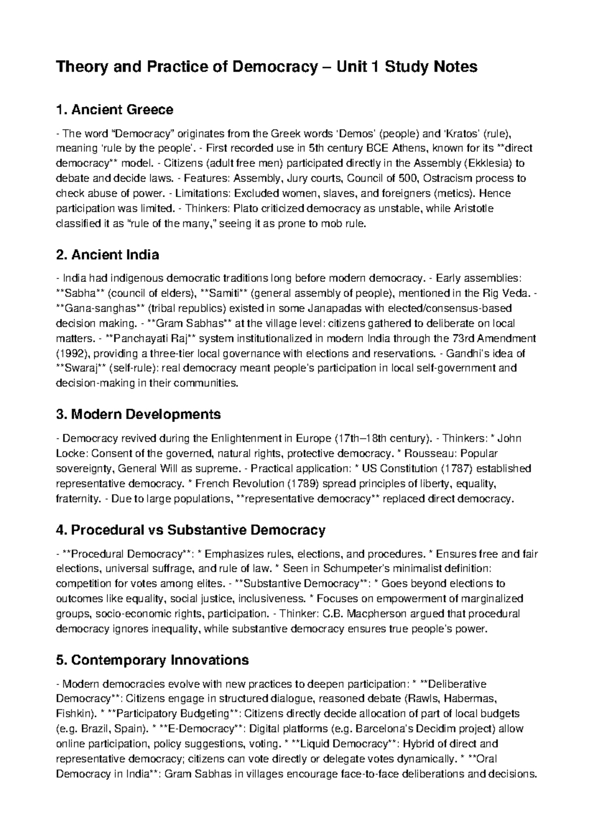 Democracy Unit 1 Study Notes: Ancient to Modern Perspectives - Studocu