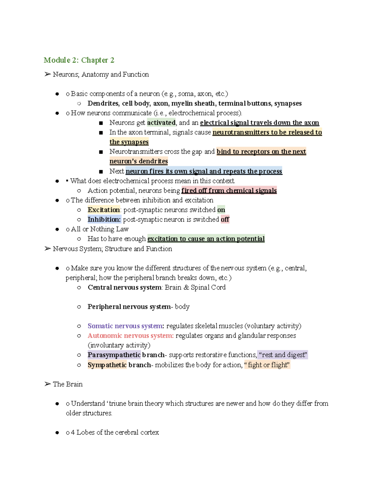 PSYCH 101: Module 2 Review - Neurons & Nervous System Functions - Studocu